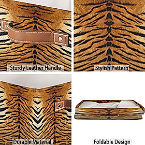 GzLeyigou Large Collapsible Storage Bins,Animal Tiger Leather Leopard Print Decorative Canvas Fabric Storage Boxes Organizer with Handles,Cube Square Baskets Bin for Home Shelves Closet Nursery Gifts