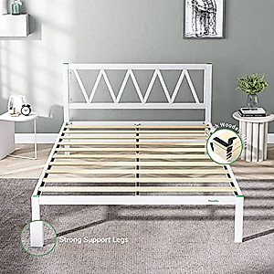 Novilla 14 Inch Queen Size Bed Frame with Headboard, Platform Bed Frame No Box Spring Needed, Metal Queen Bed Frame with Storage Space, Wooden Slats Support, Easy Assembly, White