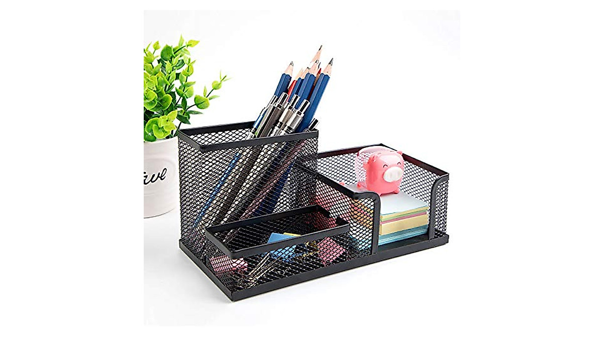 Black Mesh Desk Organizer | 3 Compartments for Office Supplies