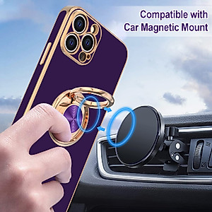 Hython for iPhone 13 Pro Max Case with Ring Stand [360°Rotatable Ring Holder Magnetic Kickstand] [Plated Rose Gold Edge] Slim Soft TPU Cover Luxury Protective Phone Case for Women Men, Dark Purple