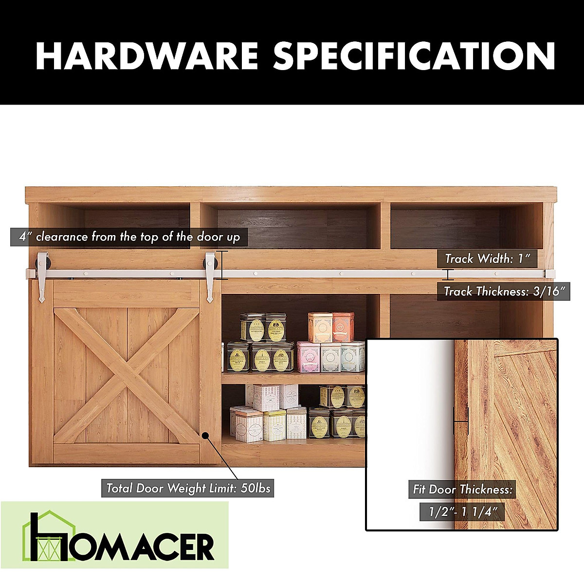 Homacer Mini Brushed Nickel Non-Bypass Sliding Barn Door Hardware Kit, for One/Single Door, 36-inch Long Flat Track, Arrow Design Roller, Cabinet TV Stand Console Use…