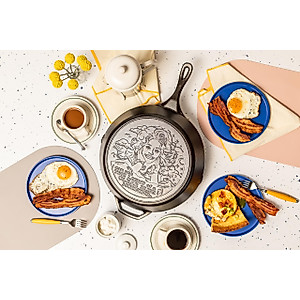 Lodge 13.25 Inch Dolly Parton Pre-Seasoned Cast Iron Stamped Skillet - Signature Teardrop Handle - Use in the Oven, on the Stove, on the Grill, or Over a Campfire - Clear Blue Morning