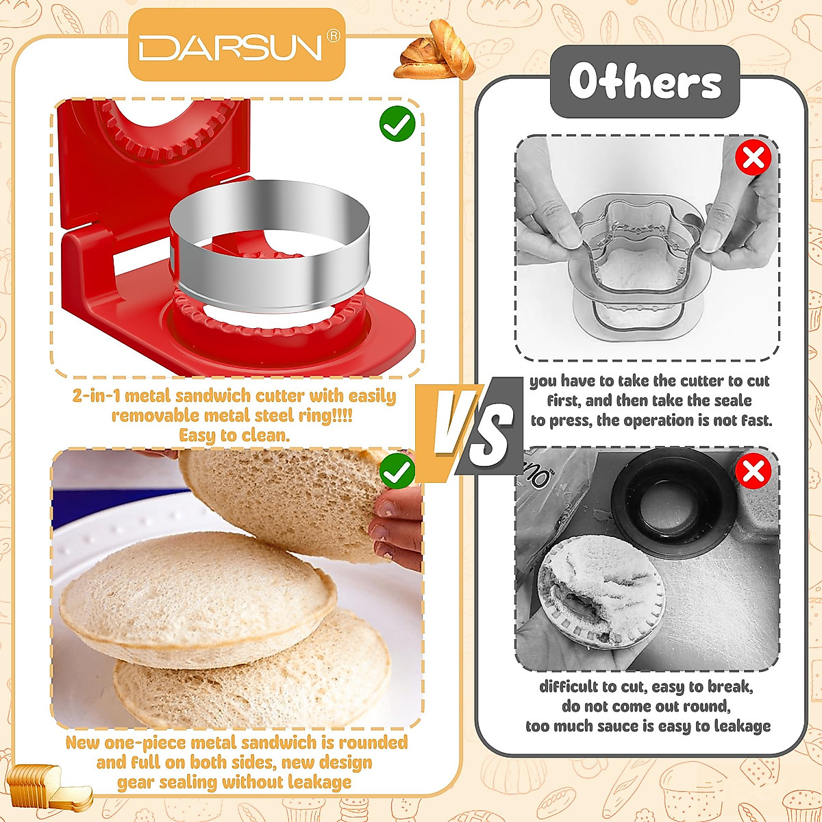 Metal Sandwich Cutters for Kids Lunch,Round Sandwich Cutter and Sealer,Peanut Butter Jelly Sandwich Cutter,Ideal for School Lunch Boxes and Bento Boxes Boys Girls(Round RED)