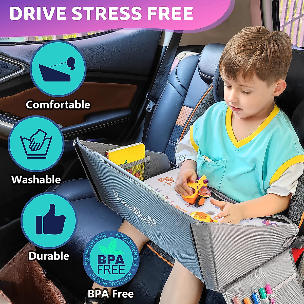Kids Travel Tray for Car Seat with Dry Erase, Cup/iPad/Holder, 16x12 (Gray)