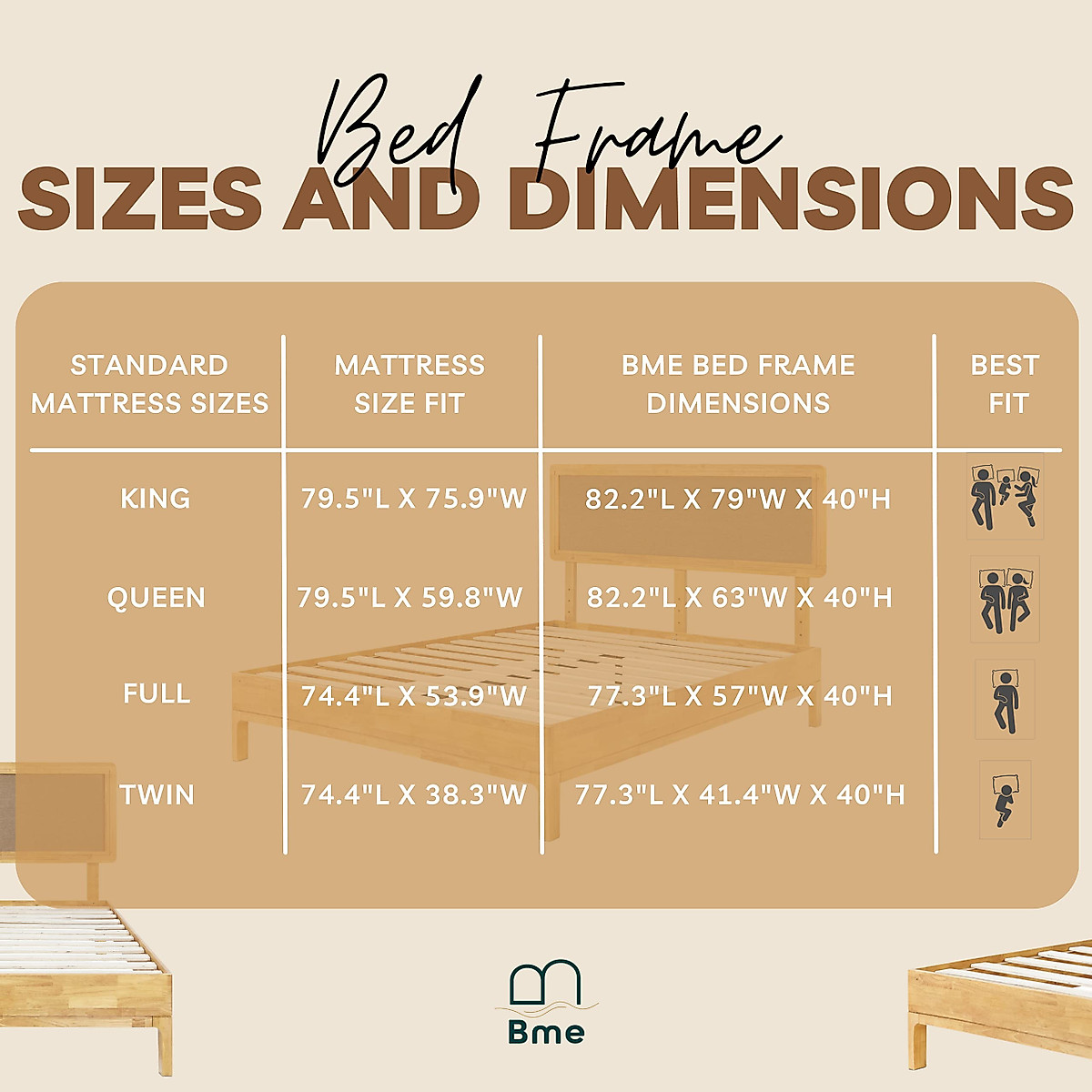 Bme Nipe King 14 Inch Bohemian Bed Frame with Adjustable Woven Headboard - Rustic & Vintage Unique Style with Rubber Wood - No Box Spring Needed - Easy Assembly - Natural