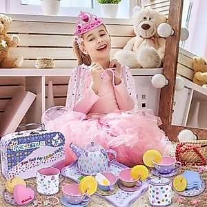Tea Party Set for Little Girls,PRE-WORLD Princess Tea Time Toy with Food Sweet Treats Playsets,Dress Up Accessories Cloak Necklace Bracelet Jewelry Set, Kids Kitchen Pretend Play for Girls Age 3-6