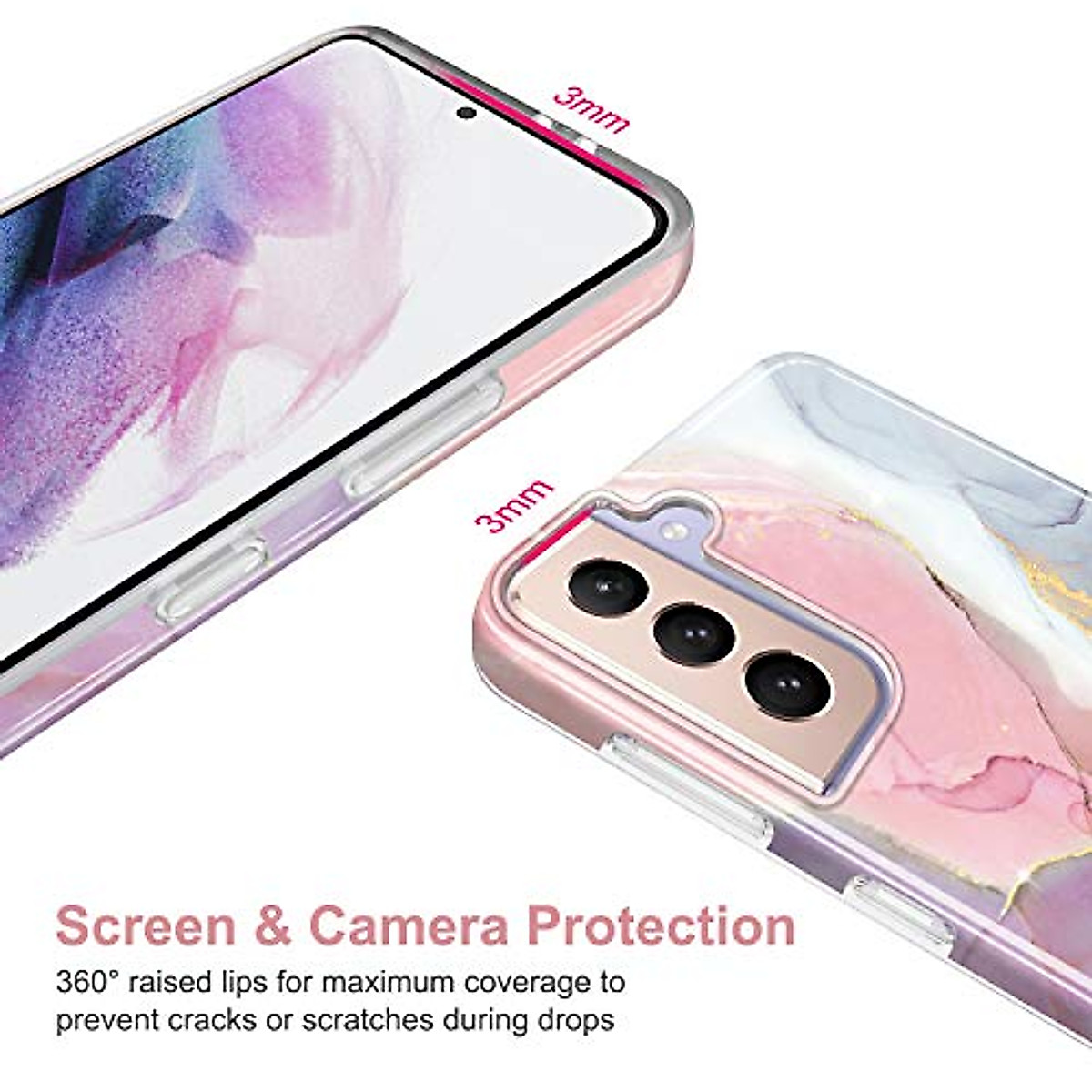 JIAXIUFEN Galaxy S21 Plus Case Gold Sparkle Glitter Marble Slim Shockproof TPU Soft Rubber Silicone Cover Phone Case for Samsung Galaxy S21+ / S21 Plus 5G 6.7 inch Pink Purple