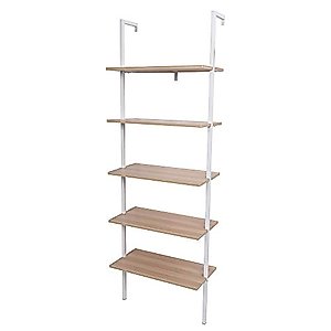 5-Tier Open Wall-Mounted Bookshelf with Metal Frame - Industrial Modern Ladder Shelf - Floating Bookcase Organizer - Hanging Storage Rack Shelves for Home and Office - Walnut and White Frame