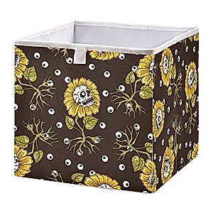 CaTaKu Sunflowers Skulls Cubes Storage Bins 11 inch Collapsible Fabric Storage Baskets Shelves Organizer Foldable Decorative Bedroom Storage Boxes for Organizing Home