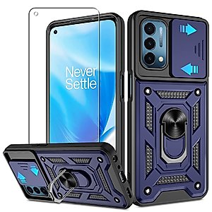 for OnePlus Nord N200 5G Case with HD Screen Protector with Slide Camera Cover, Atump 360° Rotation Ring Kickstand [Military Grade] Shockproof Protective Case for OnePlus Nord N200 5G,Blue