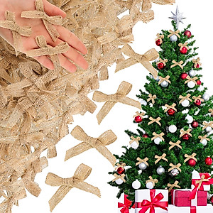 Giegxin 100 Pcs Christmas Mini Burlap Bows for Crafts Handmade Bows Tiny Twist Tie Bow Wreaths Ornaments Burlap Bows for Christmas Tree DIY Decorations Wedding Holiday Party with 43.74 Yard Rope