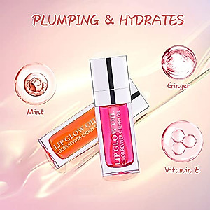ZARICS Plumping Lip Oil, Hydrating Lip Gloss Tinted Lip Balm Lip Care Transparent Toot Lip Oil, Long Lasting Nourishing Lip Glow Oil Non-sticky Big Brush Glitter Shine Primer Lip Tint (ROSEWOOD)