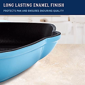 Country Living Enameled Cast Iron Square Griddle Grill Pan with Ridges, Helper Handle and Pouring Spouts for Easy Draining, Indoor Grilling Skillet, 11-Inch, Blue