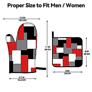 Red Black Grey White Oven Mitts and Pot Holders Sets of 4 Geometric Oven Gloves for Kitchen Baking Cooking Grilling (Red)