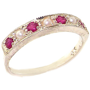 LetsBuyGold 925 Sterling Silver Cultured Pearl and Ruby Womens Band Ring - Sizes 4 to 12 Available