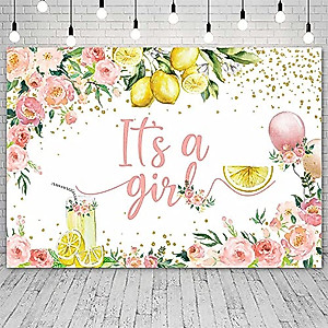 AIBIIN 7x5ft Lemon Baby Shower Backdrop It's A Girl Pink Flowers Balloons Photography Background Baby Shower Party Decorations Banner Cake Table Photo Booth Props