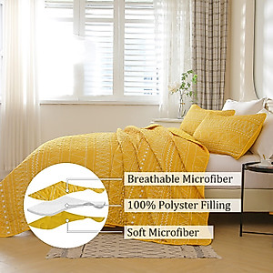 WONGS BEDDING Yellow Boho Quilt Set Queen,3 Pieces Reversible Mustard Stripe Quilt with 2 Pillowcases Bohemian Bedspread Bedding Set Microfiber Quilted Coverlet Set for All Seasons Queen (90"×96")