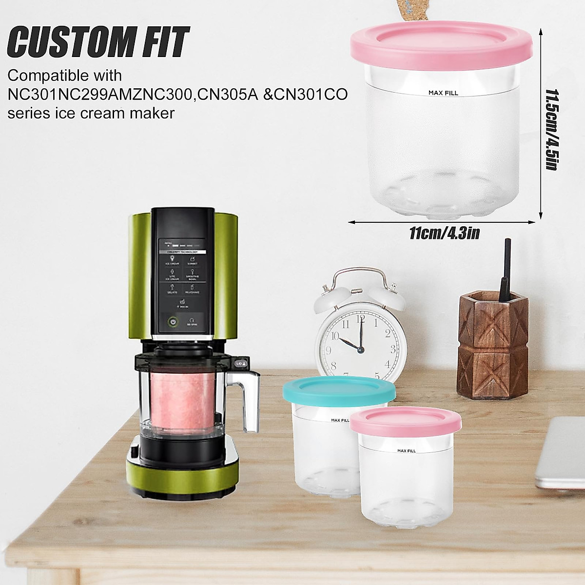 2pcs Replacement Containers for Ninja Creami Pints and Lids, Reusable Ice Cream Containers with Lids Creami Containers Compatible with NC301 NC300 NC299AMZ Series Ice Cream Maker (Pink, Blue)