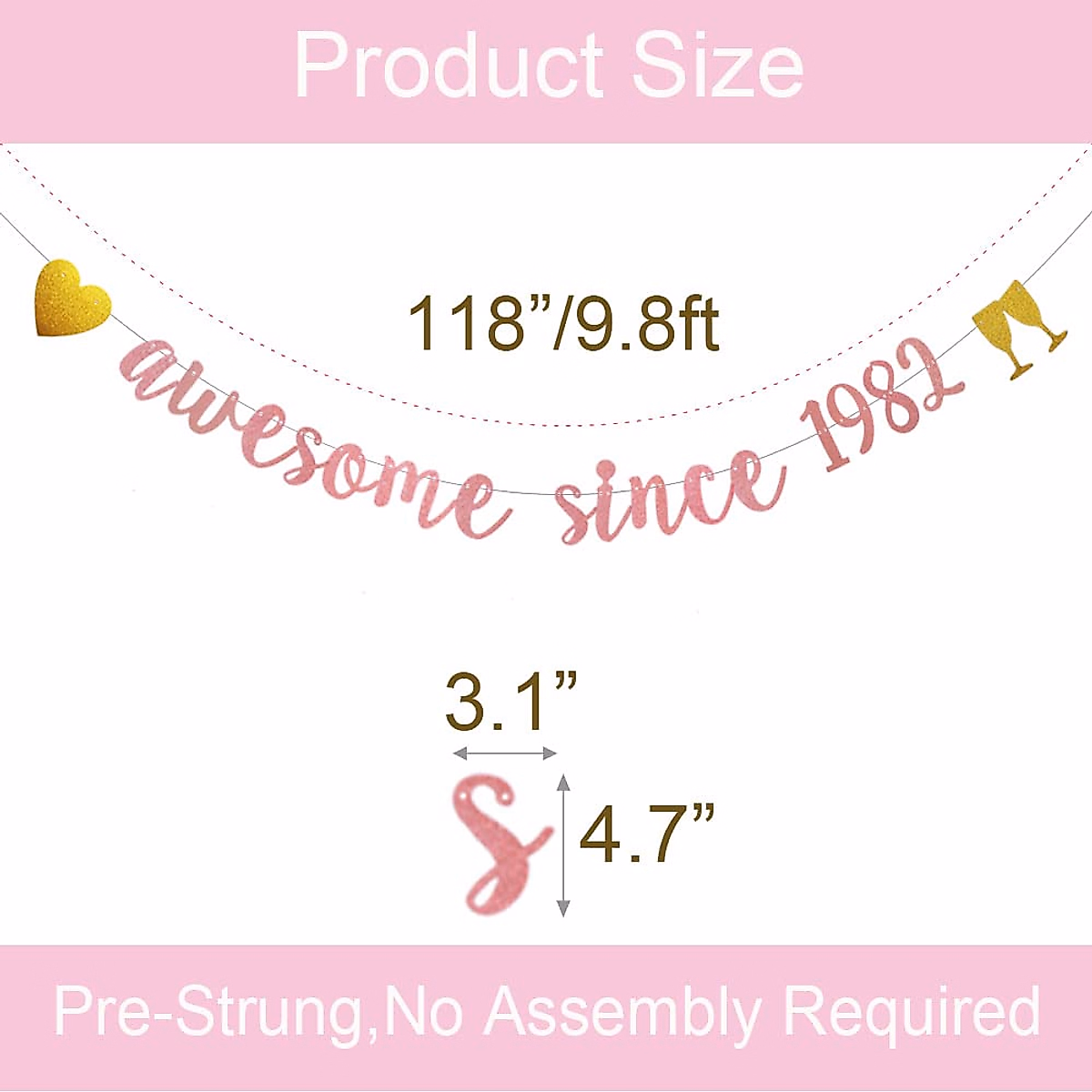 Awesome Since 1982 Banner, Pre-Strung,Rose Gold Glitter Paper Garlands for Girls women 41st Birthday Party Decorations Supplies, No Assembly Required,Rose Gold,SUNbetterland