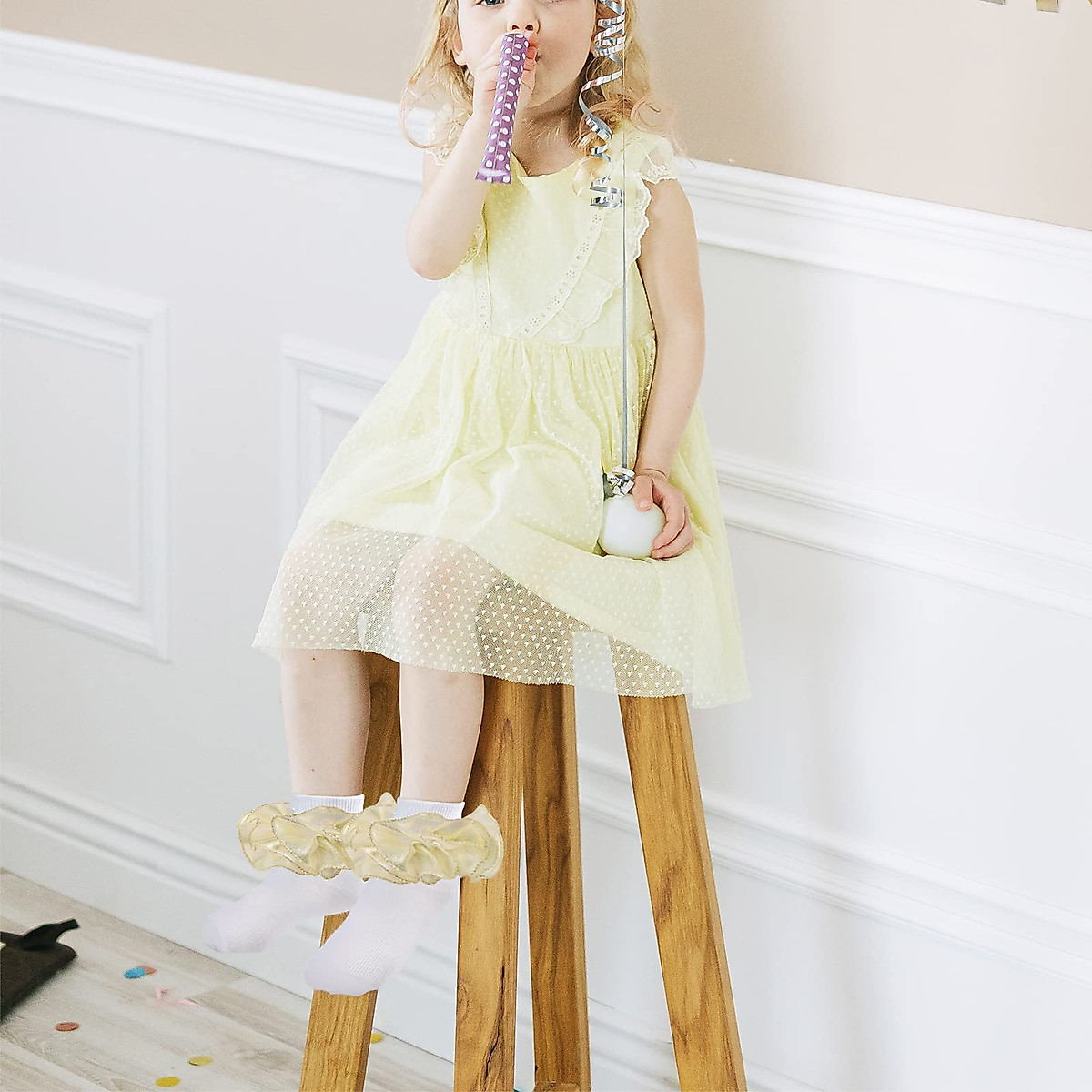 Auranso 3 Pack Girls Lace Ruffle Socks Big Double Frilly Turn Cuff Dress Socks White 18-24 Months