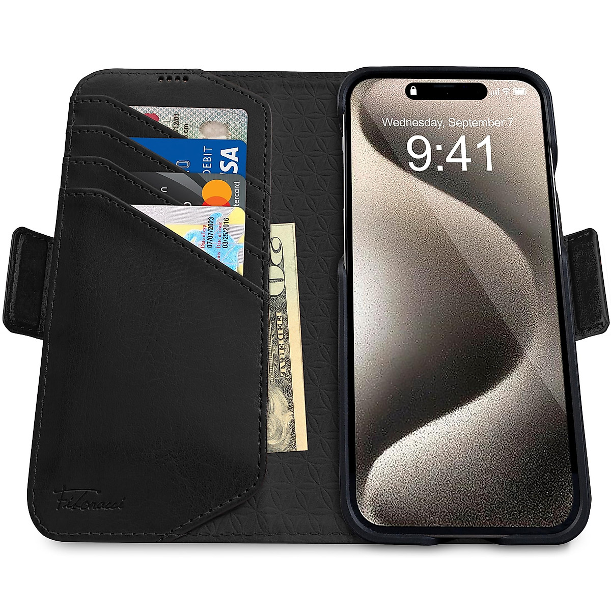 Dreem Fibonacci iPhone 15 Pro Max Wallet case / 2-in-1 Shockproof case and Detachable Vegan Leather Folio, MagSafe Compatible, RFID Protection [Black]