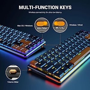 Gaming Keyboard, 65% Low Profile Wireless Mechanical Keyboard with Red Switch, Bluetooth 5.0/ 2.4G/ Wired RGB Lighting Keyboards for Travel Office PC, Compatible with Mac OS and Windows, Volume Slider
