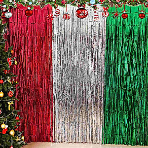 Christmas Foil Fringe Curtain -3 Pack of 3.2x8.2ft Red Silver Green Tinsel Fringe Backdrop Streamers for Christmas Ugly Sweater Party New Years Eve Party Supplies 2024 Photo Backdrop Party Decorations