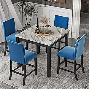 WOZNLA Room 5-Piece Counter Height Dining Set, Square Faux Marble Table with 4 Comfortable Upholstered Chairs, Small Family Kitchen Gathering, Blue