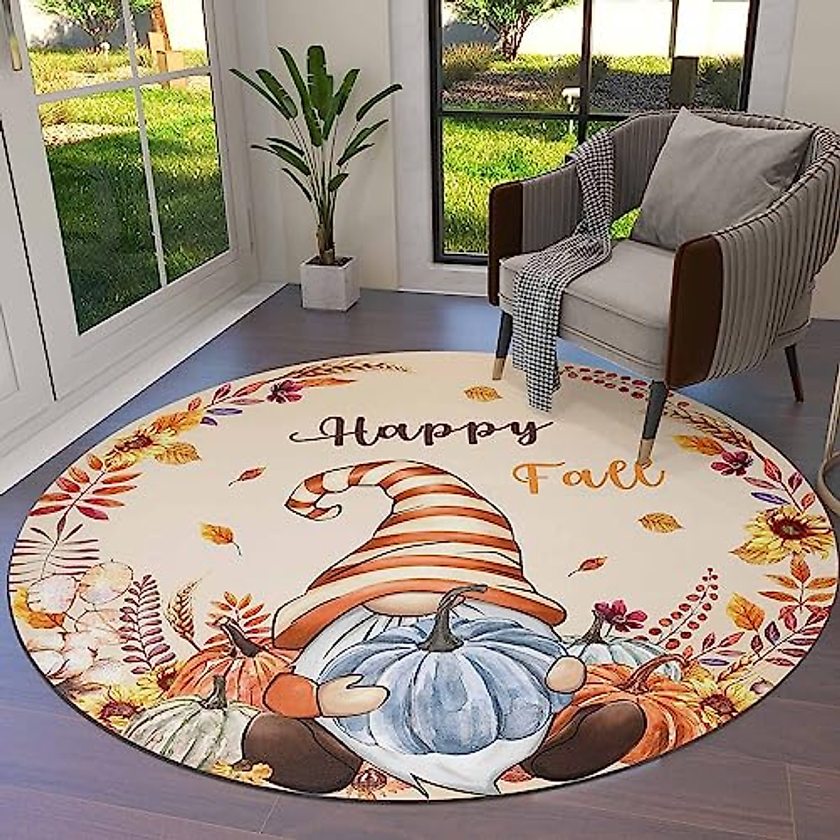 Large Round Area Rug for Living Room Bedroom, 3ft Non-Slip Rugs for Kids Room, Happy Fall Thanksgiving Gnome Pumpkin Floral Wreath Washable Carpet Floor Mat for Home Nursery Room Decor