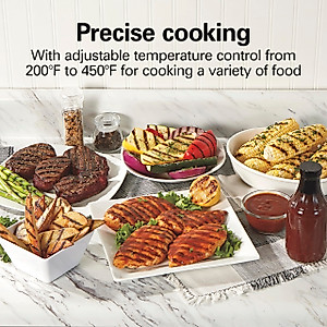 Hamilton Beach Electric Indoor Searing Grill with Adjustable Temperature Control to 450F, 118 sq. in. Surface Serves 6, Removable Nonstick Grate, Viewing Window, Stainless Steel