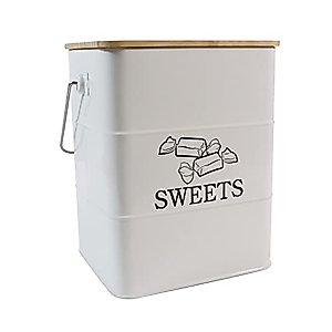 Gdfjiy Candy Jar for Kitchen Counter, White Metal Candy Can Candy Tin with Airtight Bamboo Lid & Portable Handles, Candy Buffet, Party Table - Food Storage Canisters for Candies, Cookies, Sugar Cubes, Chocolate and Snacks