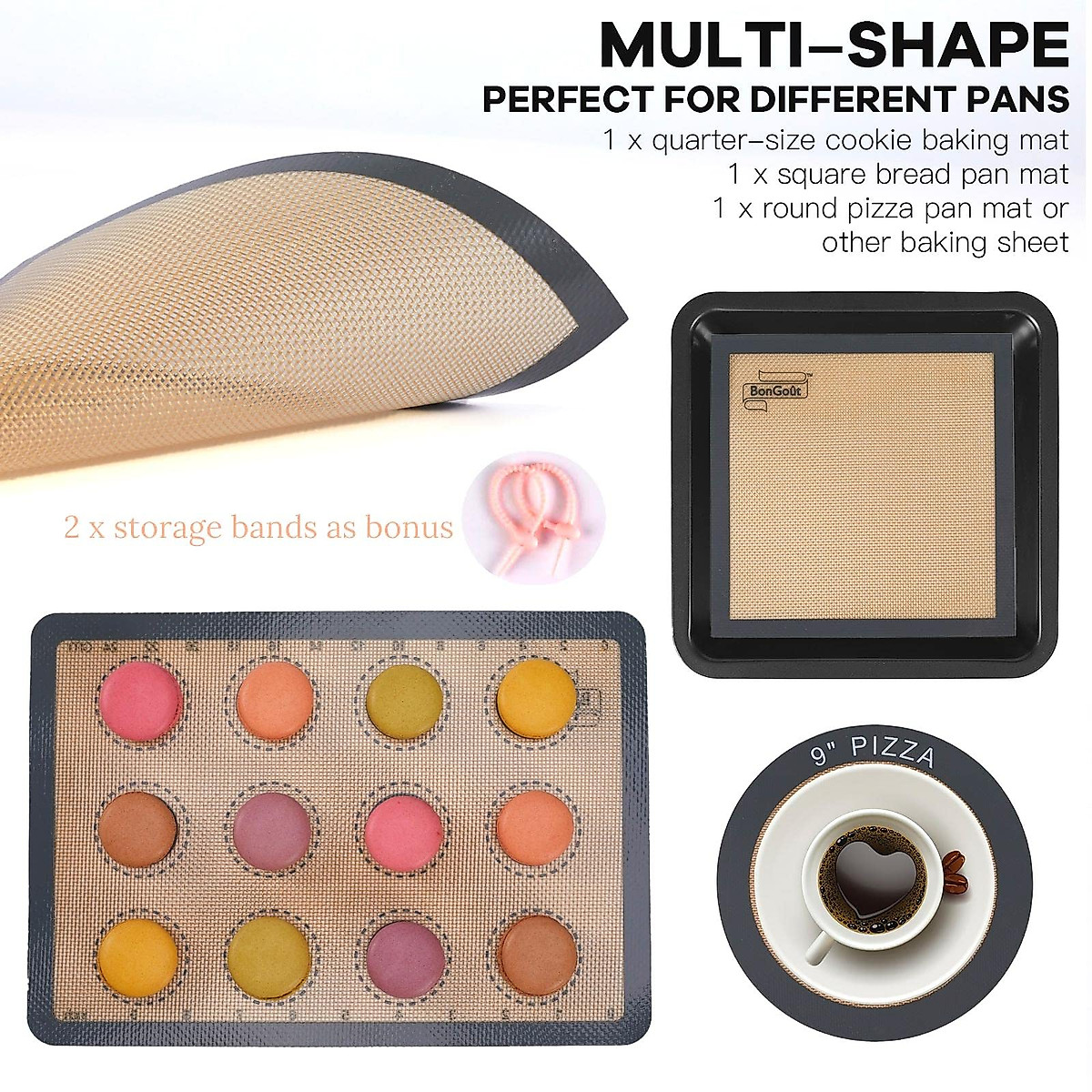 Silicone Baking Mat Set of 6, Non-Stick Food Grade Reusable Baking Sheet Liners Mats for Multi-Size Bakeware,Multi-Purpose Mats for Rolling Dough Making Pastry Cookies Macaroon Pizza by BonGoût.