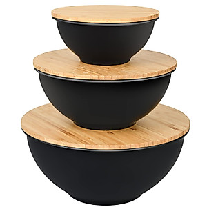 GEHE Salad Bowl with Lid, 10" Large Mixing Bowls with Lids Set, Bamboo Salad Bowl Set of 3, Salad Serving Bowl Set for Salad, Fruits, Pasta, Popcorn, Chips, Vegetables and Dishwasher Safe