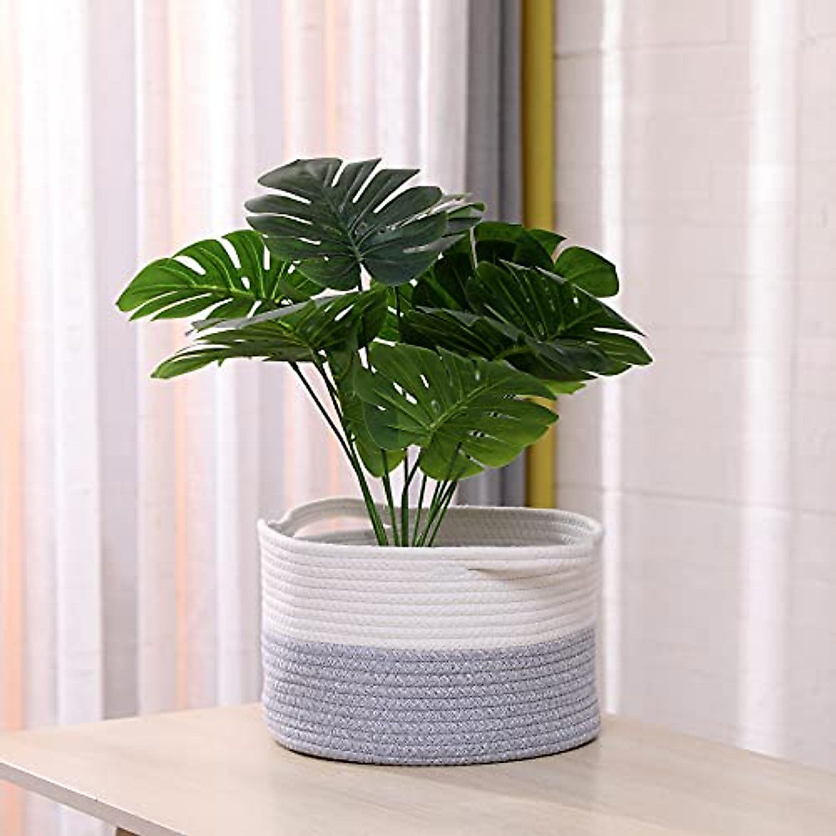 MRECHIR 2pc Large Woven Cotton Rope Basket with Handles 18" x 15" Laundry Hamper - Blanket Basket Living Room - Basket for Toys-Decorative Baskets for Storage - Pillow Basket - White&Grey