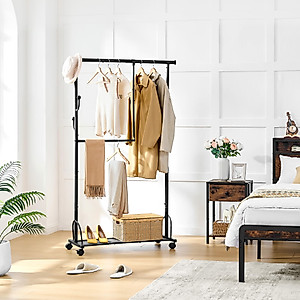 Gewudraw Double Rod Clothes Rack with Wheels Clothing Racks for Hanging Clothes, Rolling Garment Rack with Shelf Sturdy Closet Rack, Clothes Hanger Rack with hook for Pants, Dresses, Easy to Assemble