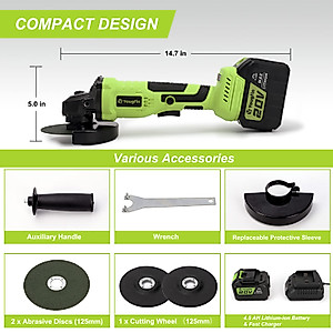 Yougfin Angle Grinder 5 inch, 20V Max Brushless Cordless 7000RPM Grinding Power Tool, 2 Handle Position, Safety Guard, Cutting Wheels, Flap Discs for Metal Cutting & Wood Carving