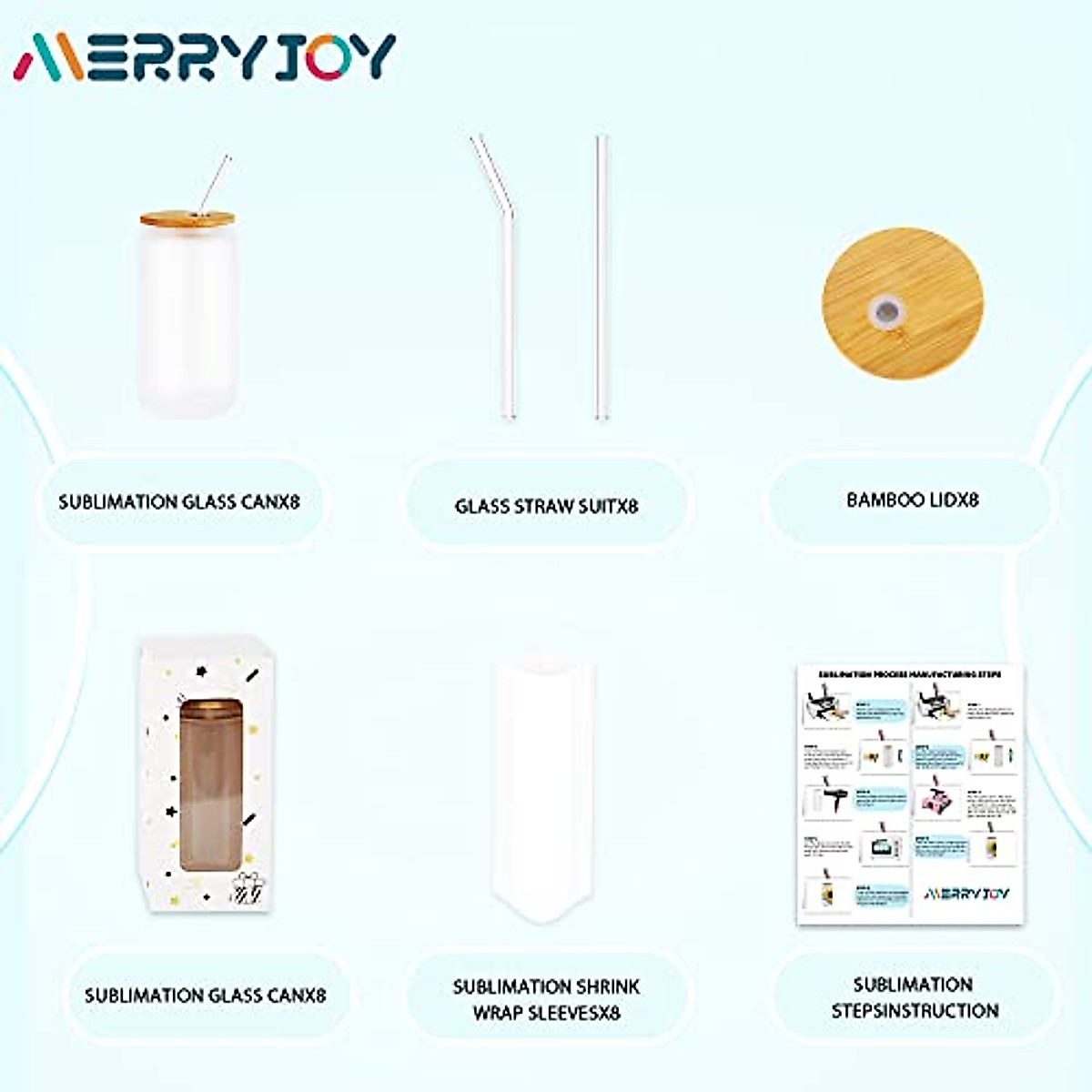 MerryJoy 8 PACK Sublimation Glass Blanks With Bamboo Lid,16 OZ Frosted Glass Cups With Lids And Straws,Sublimation Glass Can,Sublimation Glass Blanks For Iced Coffee,Juice,Soda,Drinks,Beer