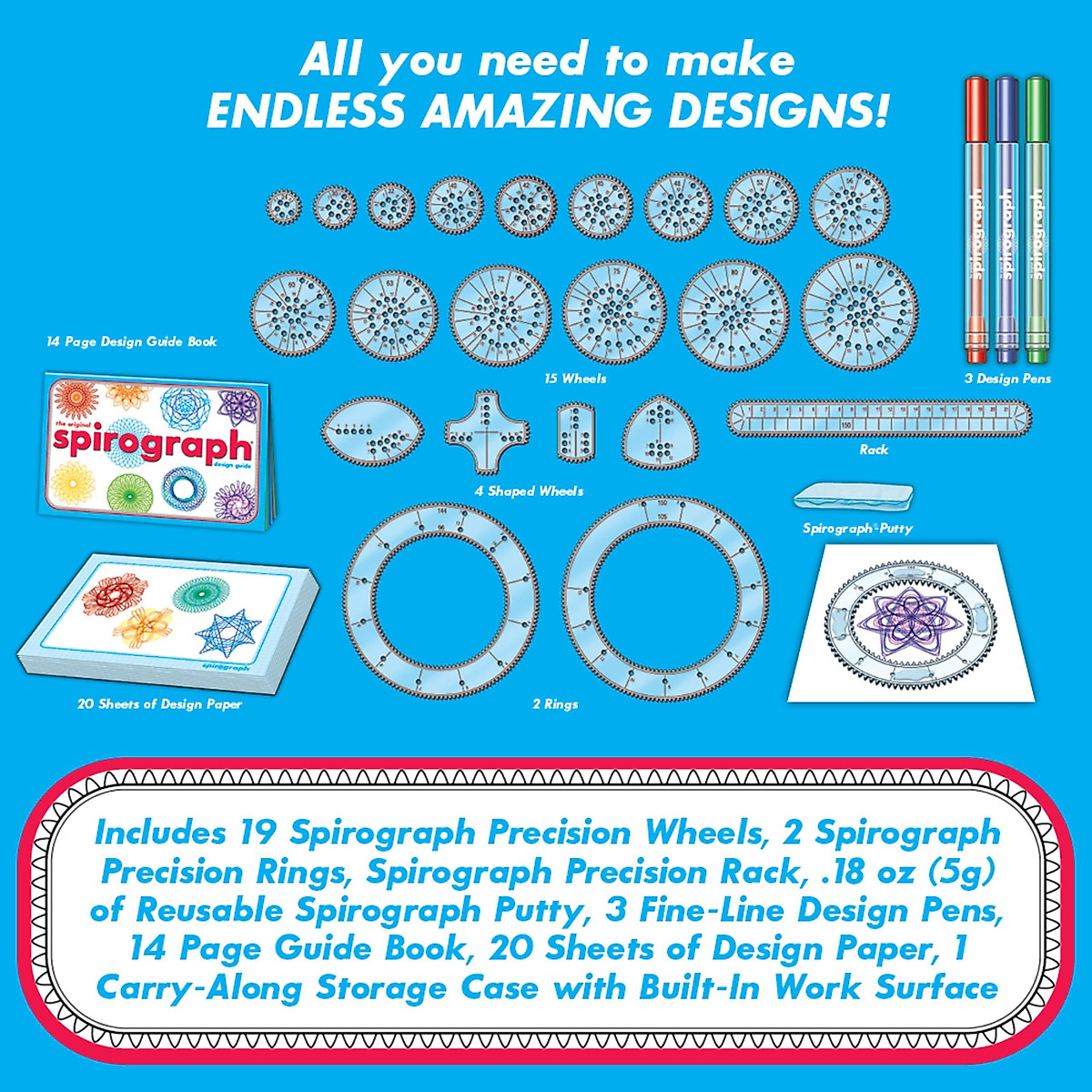 Spirograph Deluxe Set –Arts and Crafts, Kids Toys, Art Supplies, Craft Supplies, Drawing Kit, Spiral Art, Classic Gear Design Kit, Build-in Case, Pens, Design Sheet Included, Ages 8+