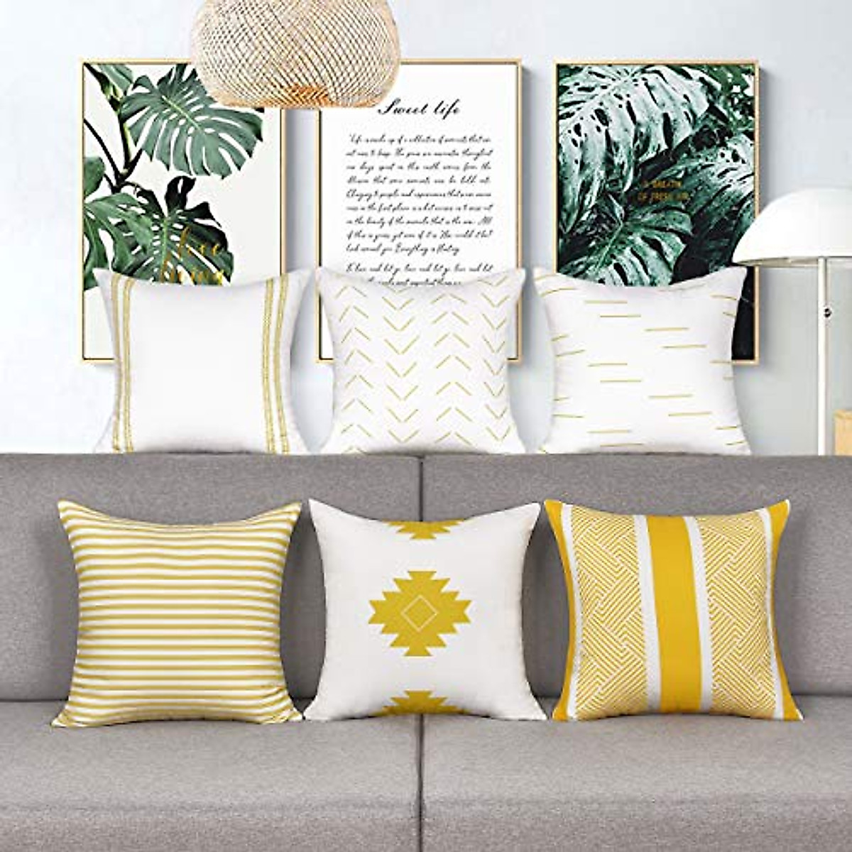 Yastouay Decorative Pillow Covers Set of 6 Modern Pillow Covers Geometric Pillow Covers Simple Strings Pillow Cases Home Decor Cushion Covers for Couch Sofa Bedroom Car (Yellow, 18 x 18 Inch)