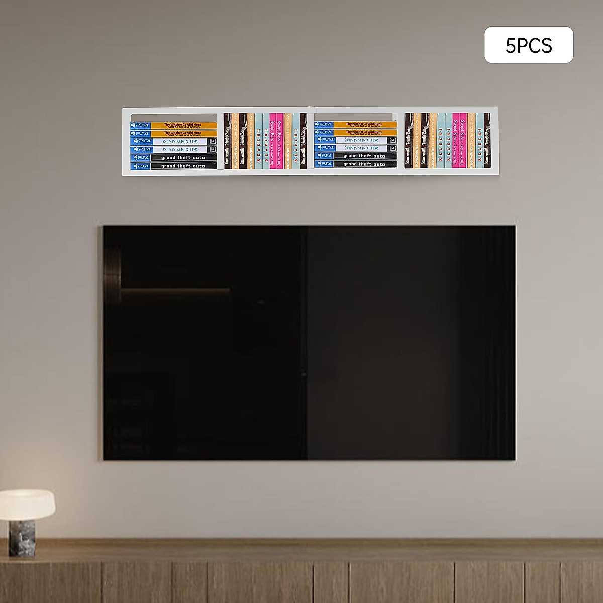 Vintoro 5PCS Wall Mount 34 Inch Media Storage Rack,Metal Floating Shelf Set,4 Compartments Cube Storage Shelf,Video Game Organizer,Open Bookshelf,for Bedroom,Study Room,Living Room,Office(White)