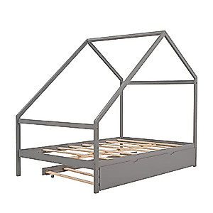 MERITLINE Full House Bed with Trundle, Wooden House Bed Frame with Roof, Full Platform Bed, House Daybed Frame for Toddler,Kids, Teen (Full, Gray)