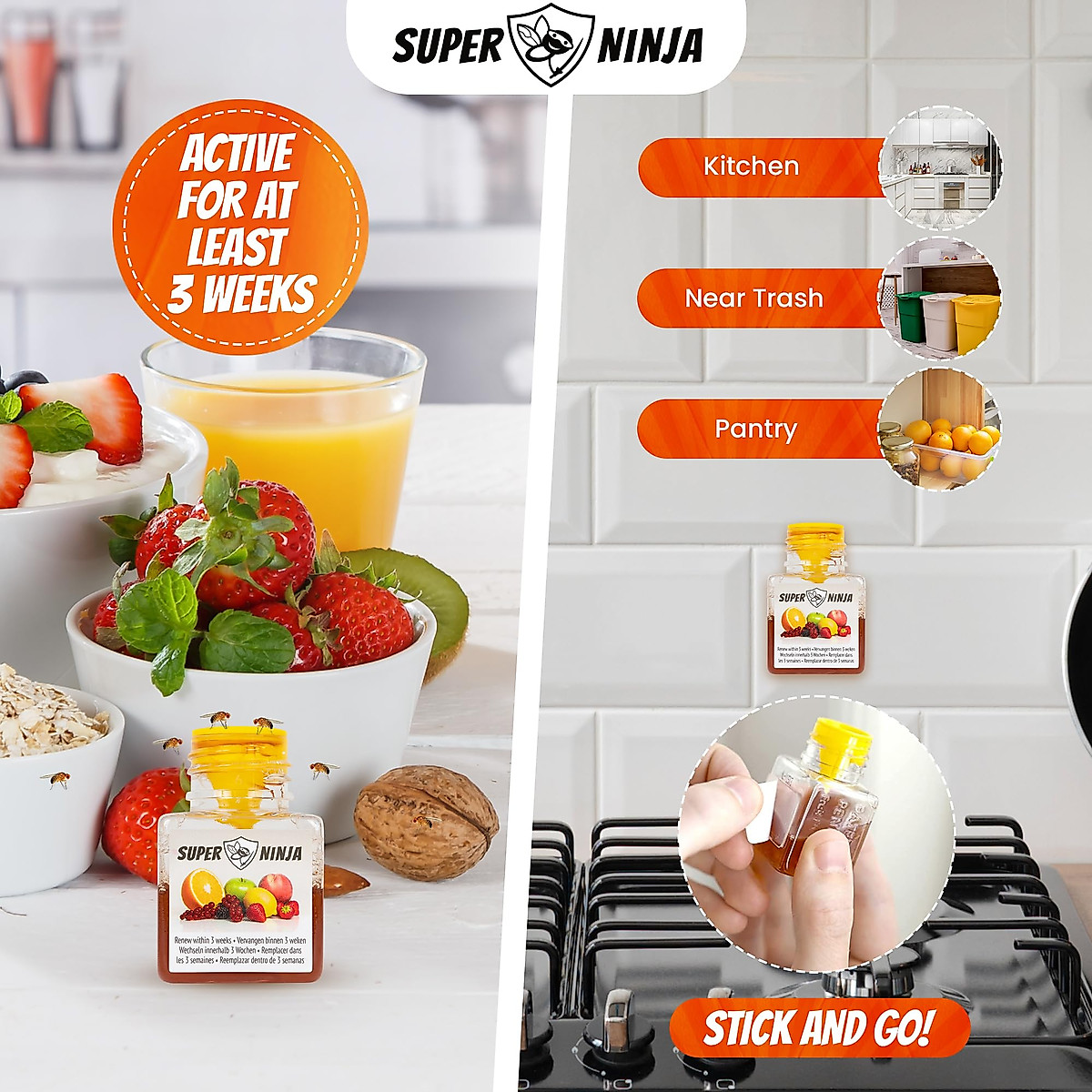 Super Ninja Fruit Fly Traps for Indoors - 2 Traps - Highly Effective Eco-Friendly Fruit Fly Catcher for Indoors - Pet and Child Safe - Up to 3 Weeks per Bottle