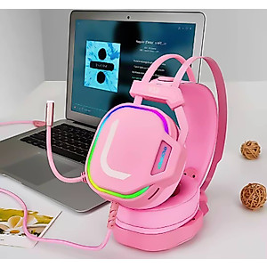 Moddi PC Gaming Headphones, 7.1 Stereo Surround Sound Headset with Noise Cancelling Microphone, USB Plug for Desktop, Computers Pink