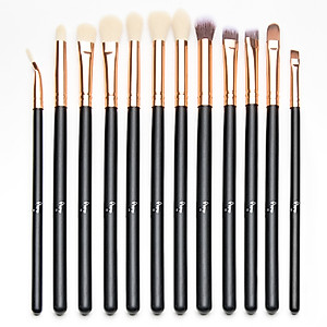 Qivange Synthetic Hairs Eyeshadow Brush Set 12PCS Black Rose Gold Makeup Brush Set for Concealer Eyebrow Eyeliner Eye Shadow Blending