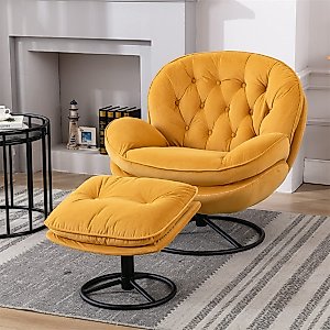 TRIPLE TREE Modern Swivel Accent Chair, Mid-Century Lounge Chair and Ottoman Set, Velvet Upholstered Button Tufted Recliner Chair, Reading Chair with Footrest for Living Room Indoor Bedroom, Yellow