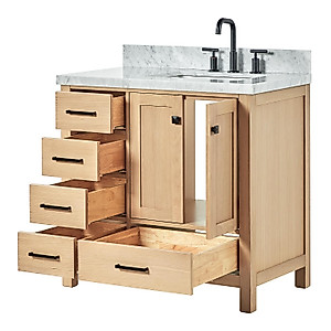ARIEL Cambridge 37 Inch Oak Bathroom Vanity with Sink, Italian Carrara Marble Countertop 1.5 inch Edge and backsplash, Soft Closing Door and Drawer, Matte Black