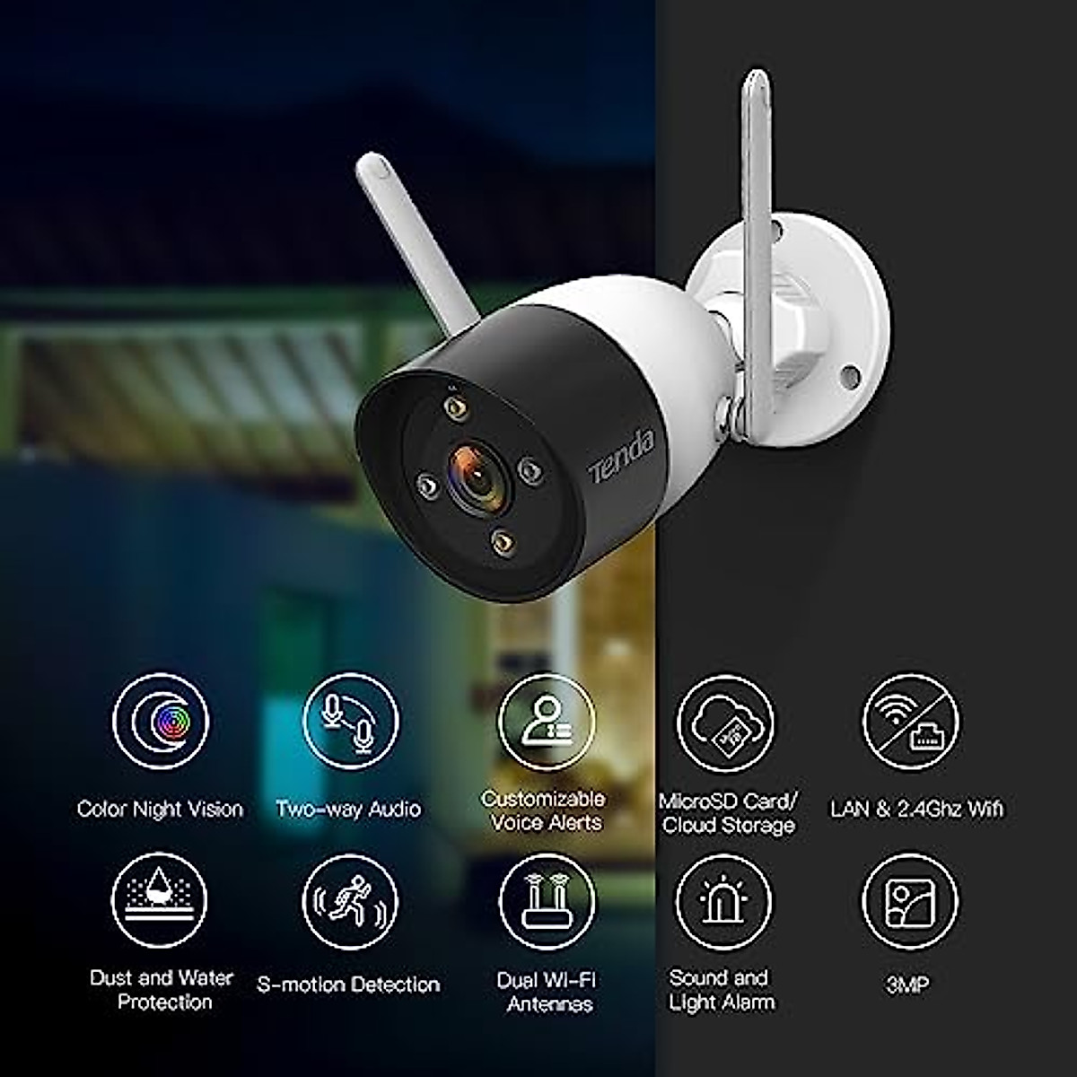 Tenda CT6 2K WiFi Cameras for Home Security Outside - Full-Color Night Vision with 2 Spotlights, Dual Antennas, AI Motion Detection, 2-Way Audio, IP66, H.265, Plug-in Outdoor Security Cameras