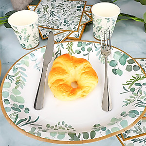 TWOWYHI 50PCS Eucalyptus Sage Green Paper Plates 10" X 12" Oval Plates Disposable Large Party Plates Green Floral Paper Plates Dinner Plates for Wedding Bridal Shower Tableware Decor