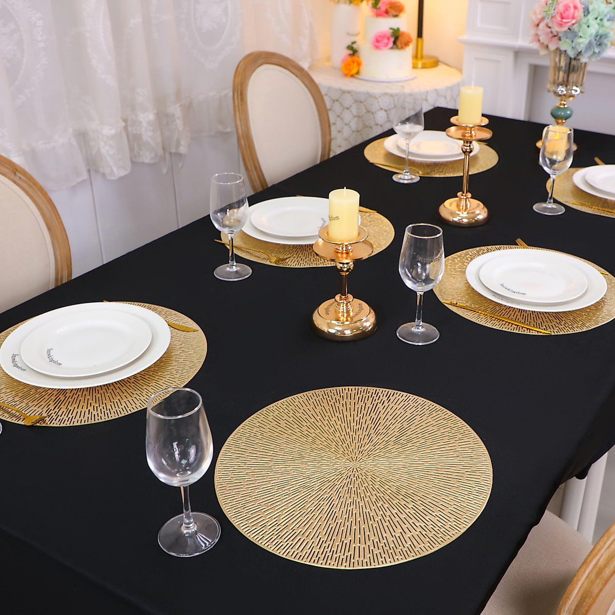 Round Placemats Gold Metallic Set of 6 Vinyl Hollow Placemats 15'', Washable Easy Clean Wipeable Non Slip Stain Heat Resistant Dinning Table Place Mats for Wedding Party Decoration by Snowkingdom