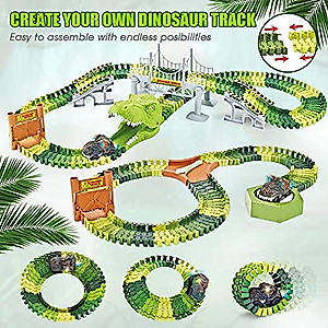 174 PCS Flexible Dinosaur Train Tracks and Race Cars Playset with 8 Dinosaurs Figures, Electric Vehicles, Lights - Create Road Racing World for Toddlers and Kids